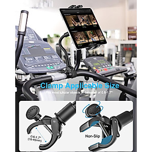 woleyi Gooseneck Spin Bike Tablet Mount, Elliptical Treadmill Tablet Holder, Indoor Peloton Stationary Exercise Bicycle Tablet Clamp for iPad Pro 12.9/Air/Mini, Galaxy Tabs, 4-13" CellPhone or Tablets