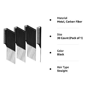 30 Pieces Parting Comb for Braids Hair Rat Tail Comb Steel Pin Rat Tail Carbon Fiber Heat Resistant Teasing Combs with Stainless Steel Pintail (Black)