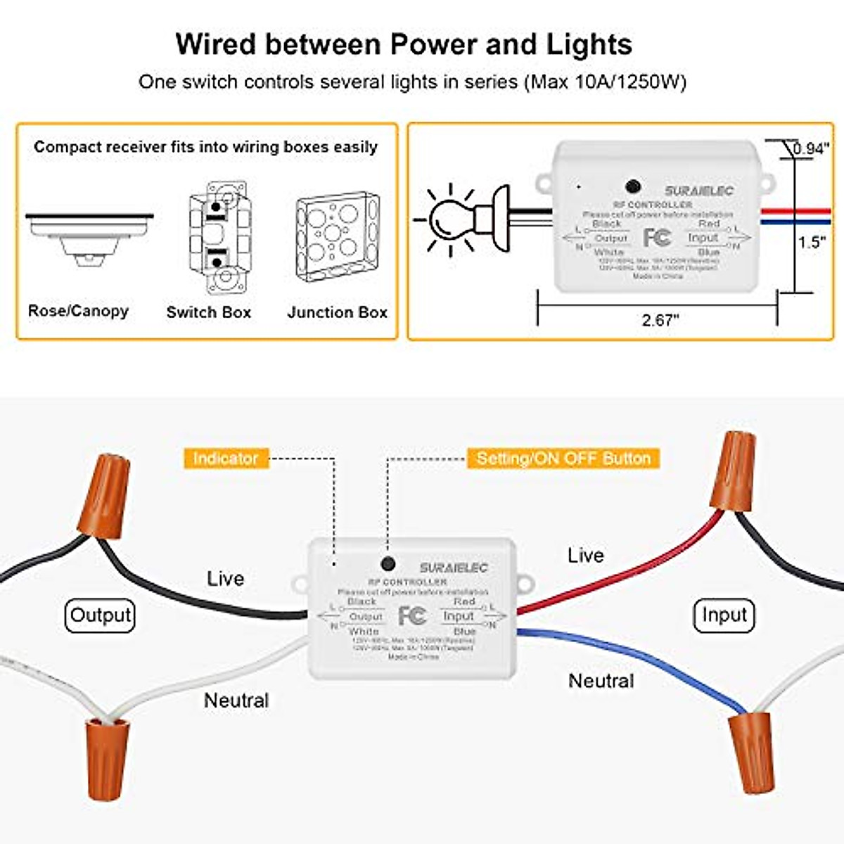 Suraielec 3 Way Wireless Light Switch, No Wiring, No WiFi, 100ft RF Range, Pre-Programmed, Expandable Wireless Wall Switch and Receiver Kit, Remote Control Light Fixture for Lamp, Ceiling Light, Fan