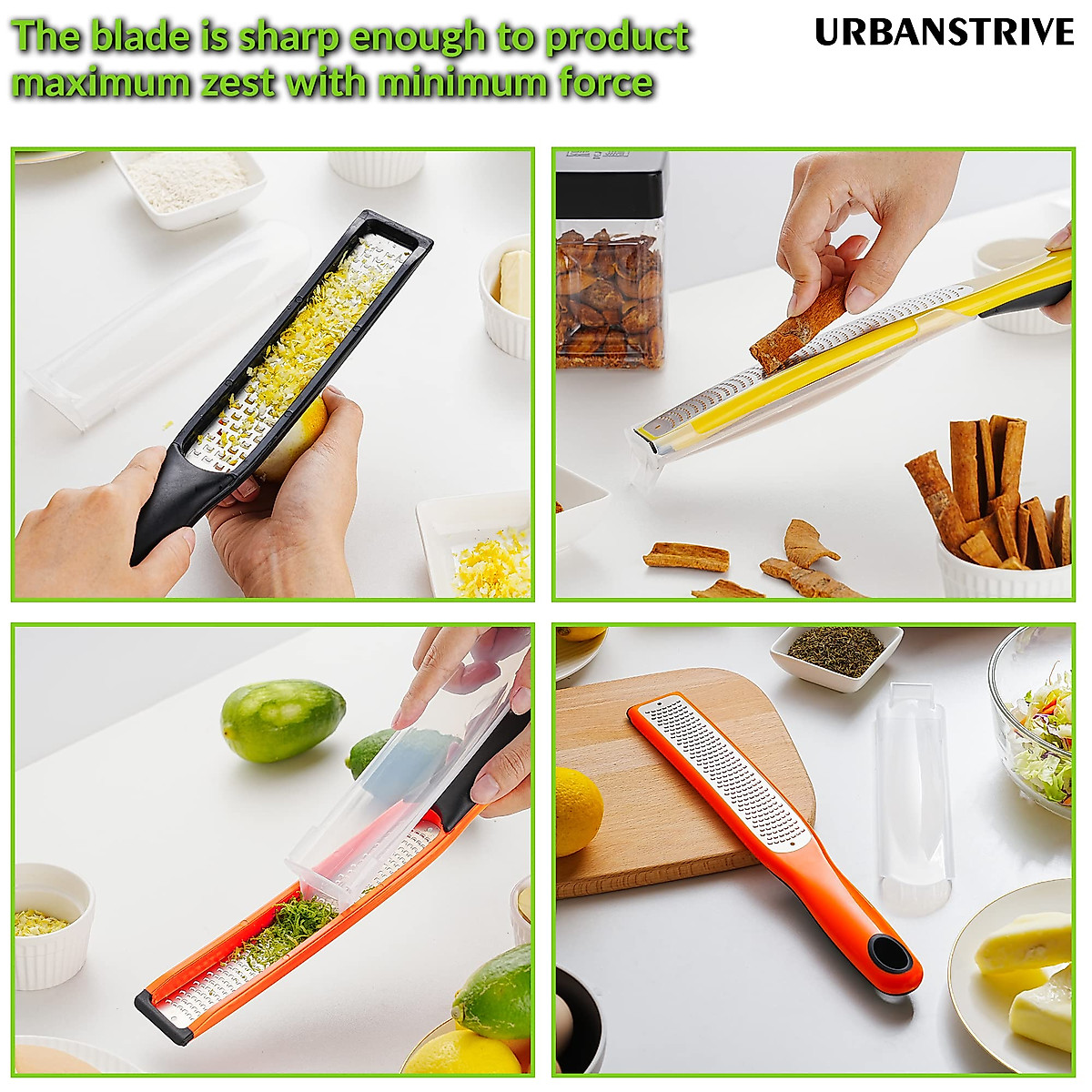 Urbanstrive Cheese Grater With Handle, Lemon Zester Graters for Kitchen Stainless Steel, Hand Grater for Ginger Garlic Nutmeg Chocolate Fruits Vegetables, Sharp, Non-Slip Handle & Foot, Black