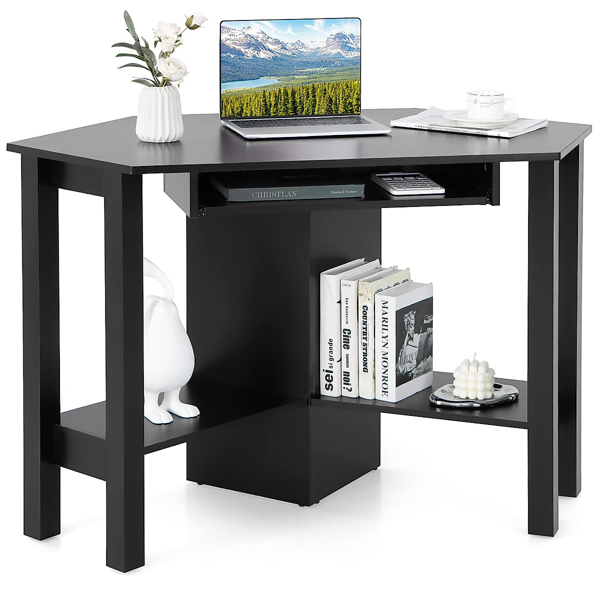 Tangkula Corner Desk with Keyboard Tray, Triangle Corner Computer Desk for Small Space, Bedroom Corner Makeup Vanity Desk with Storage Shelves, Space Saving Corner Writing Desk
