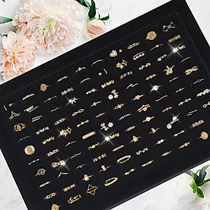 Ring Organizer for Jewelry, Ring Holder Box with Clear Lid, Dustproof Velvet Rings Display Tray Storage Case, 100 Slot Glass Top Jewelry Tray Drawer Insert for Multiple Rings Studs Earring (Black)