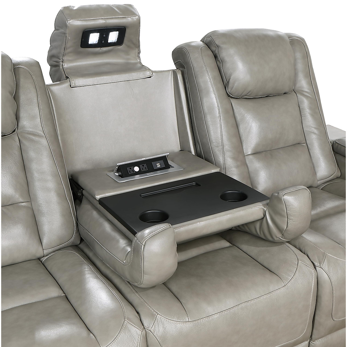 New Classic Furniture Breckenridge Leather Sofa with Power Footrest and Headrest, Light Gray