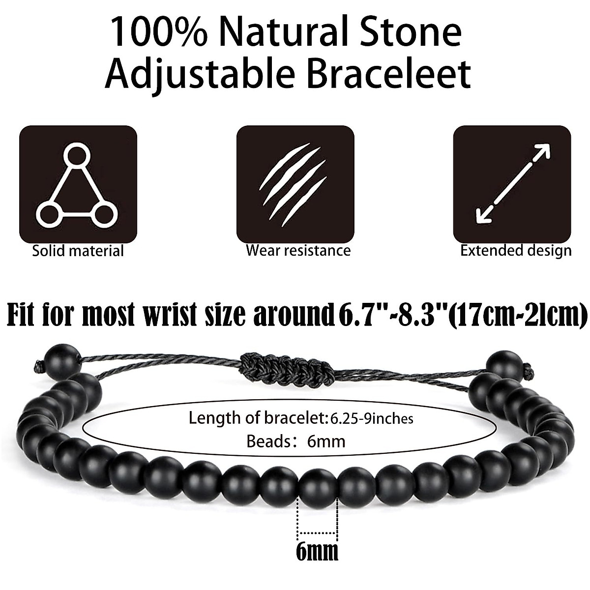 QOGIR Handmade Healing Bracelets, 6mm Matte Black Onyx Bracelet Black Beaded Bracelets for Men Women with 2PCS Size Adjustable Rope Bracelets