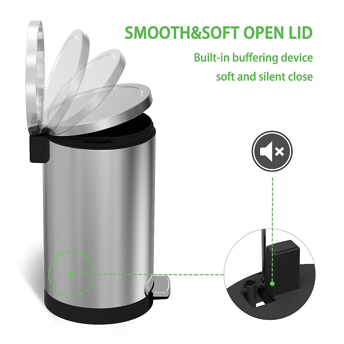 SIMPLYKLEEN 30 Liter / 8 Gallon Round Step Trash Can, Quiet Lid Close Soft Step Pedal Garbage Bin for Kitchen, Bathroom, Office, Brushed Stainless Steel