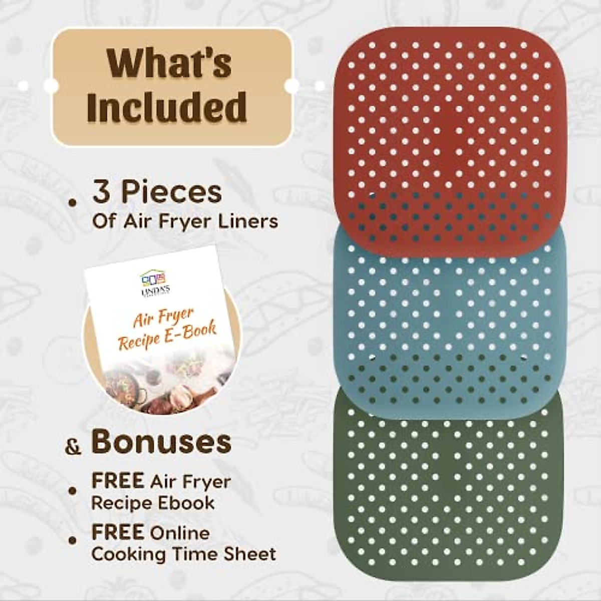 Reusable Silicone Air Fryer Liners by Linda’s Essentials (3 Pack) - Non Stick Easy Clean Air Fryer Liners Reusable Mats Air Fryer Accessories Includes Cheat Sheet And Recipe Book (Square (8.5 Inches))