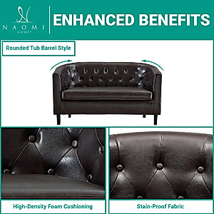 Naomi Home Barrel Love Seat, Button Tufted Faux Leather Loveseat Sofas, Faux Leather couches, Small Loveseats for Small Spaces, Bedrooms, Love Seat Couches for Living Room - Espresso