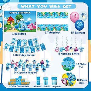 Blues Birthday Party Supplies Decorations, Include Banner, Balloons, Hanging Swirls, Backdrop, Tablecloth, Cake Topper, Plates, Knives, Forks, Spoons for Blues Themed Party