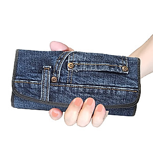 Up-cycling Blue Denim Tri-fold Large Capacity Long Wallet Wristlet Purse Clutch for Women (Dark)