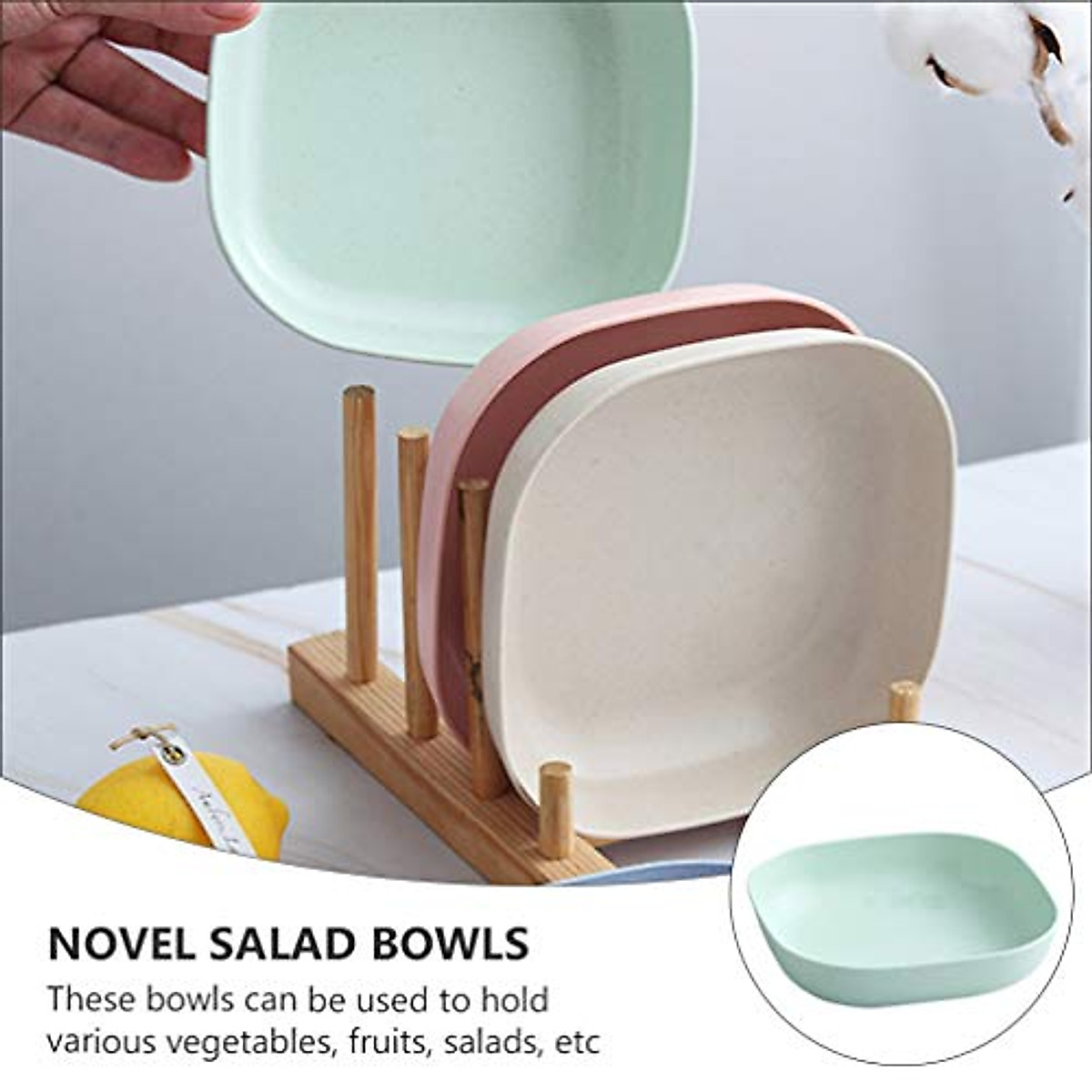 HEMOTON 4pcs Square Salad Bowl Wheat Straw Pasta Bowls Lightweight Food Serving Bowls Party Snack Dish for Soup Dessert Rice (Beige,Pink,Blue,Green)