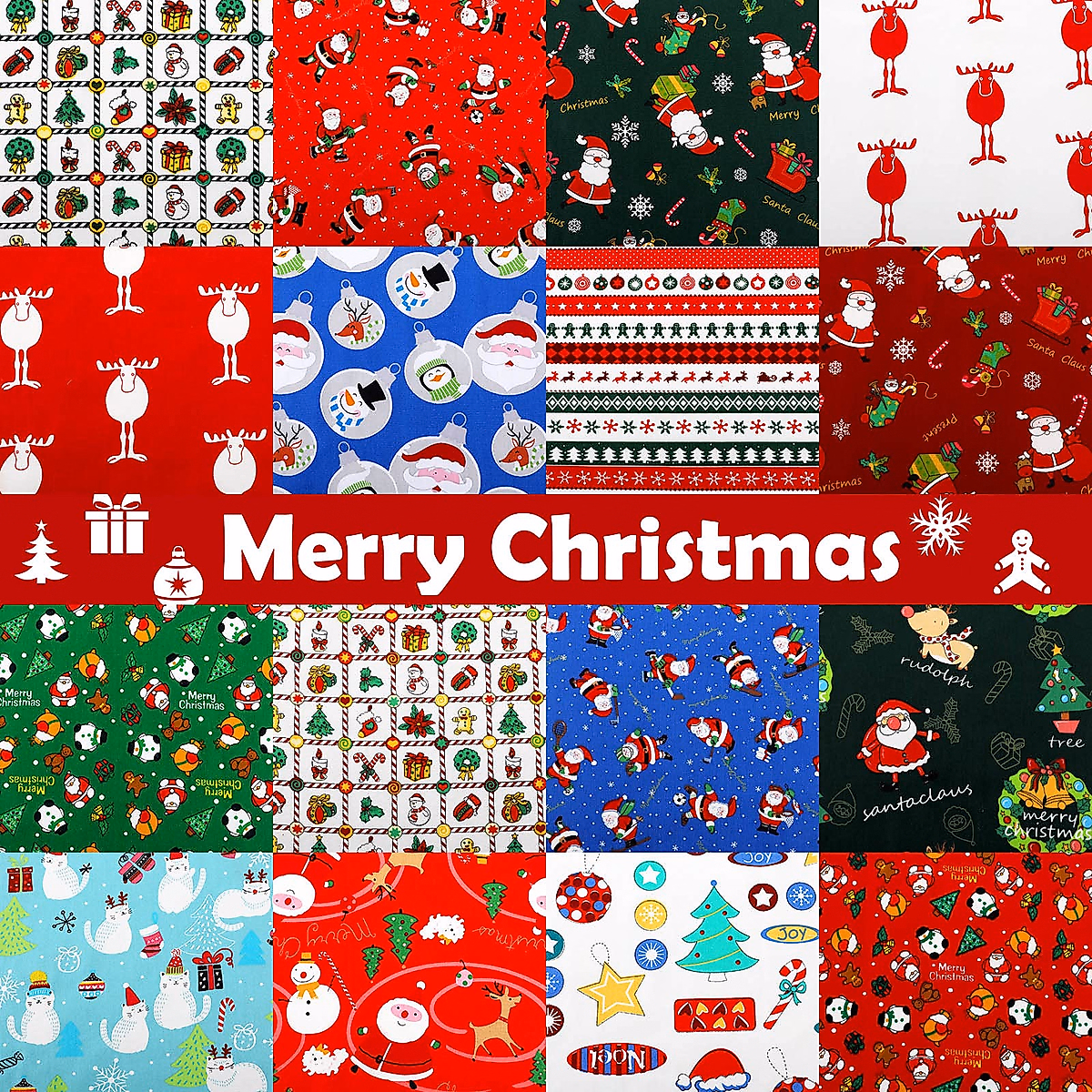 16 Pieces Christmas Fabric Fat Quarters Bundle Christmas Patterned Cotton Fabric Santa Claus Snowman Christmas Tree Print Quilting Fabric Cloth for Christmas Sewing Patchwork DIY Yard (10 x 10 Inch)
