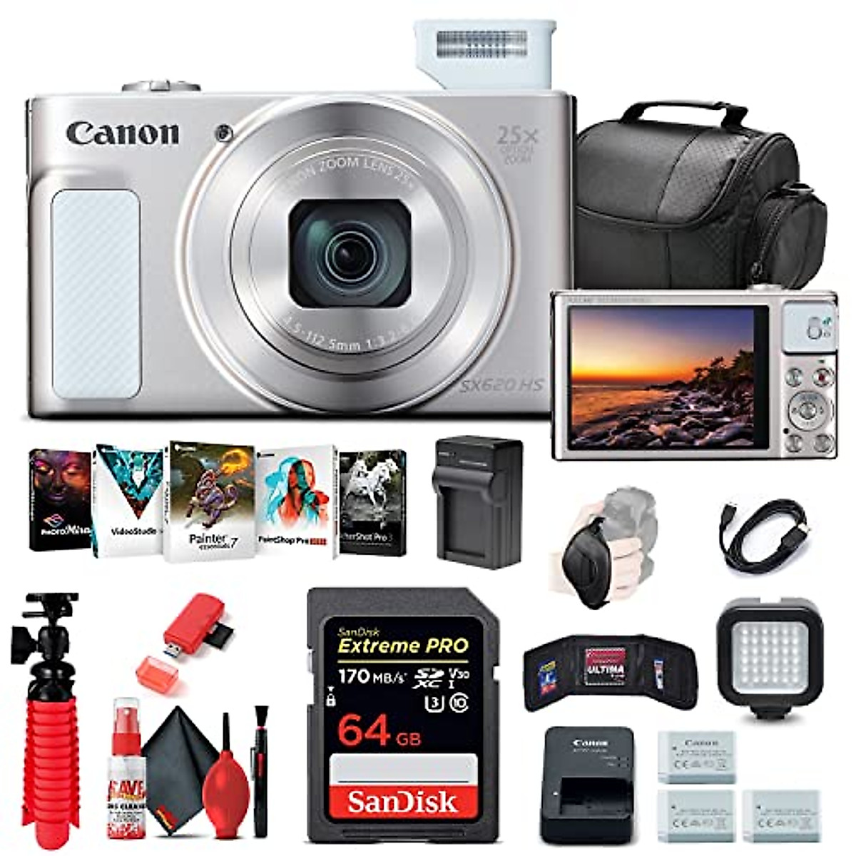Canon PowerShot SX620 HS Digital Camera (White) (1074C001) + 64GB Memory Card + 2 x NB13L Battery + Corel Photo Software + Charger + Card Reader + LED Light + Soft Bag + More (Renewed)