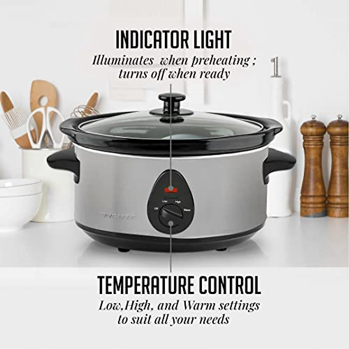 OVENTE 3.7 Qt Electric Slow Cooker with 3 Settings, Dishwasher-Safe Pot, Tempered Glass Lid - Portable Multicooker for Soups, Sauces, Stews & Dips
