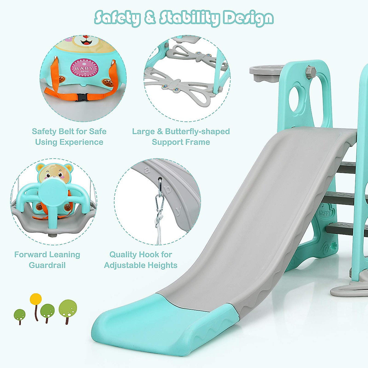Costzon 4 in 1 Toddler Slide and Swing Set, Little Bear Indoor Outdoor Baby Swing with Slide, Swing, Climber, Basketball Hoop and Ball, Kids Climber Playground Playset for Girls Age 1+ Gifts Presents