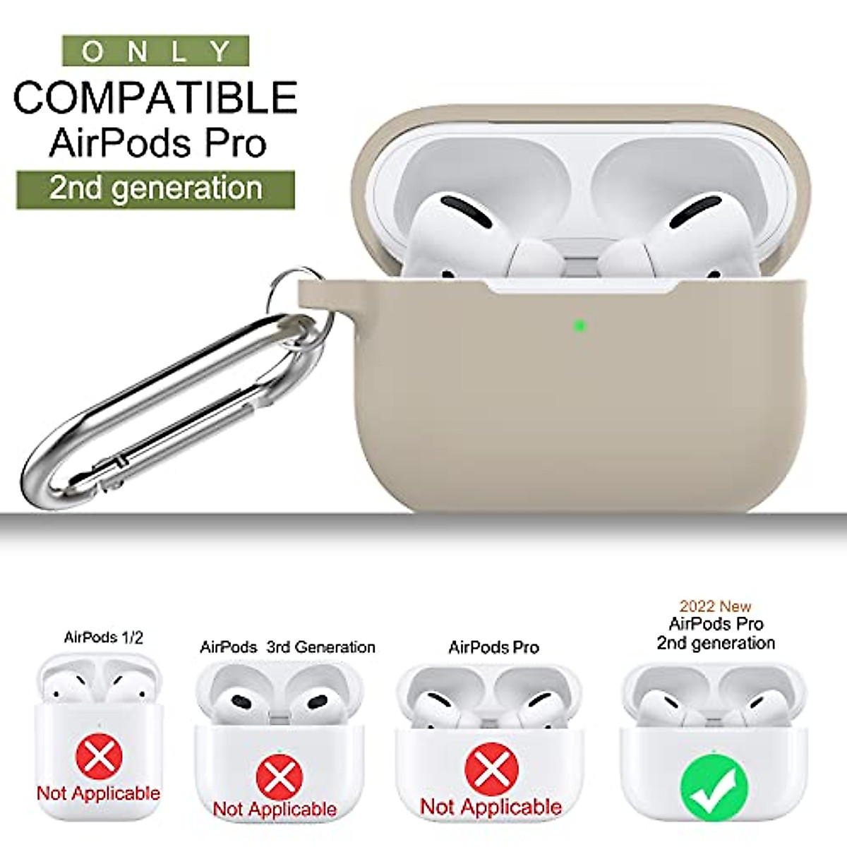 Compatible with AirPods Pro 2nd Generation Case Cover with Keychain, Soft Silicone Skin Case Cover Full Protective Front LED Visible(Beige)