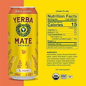 Guayakí Yerba Mate, Organic Energy Drink Alternative, Peach Revival, Low Sugar, 150mg Natural Plant Based Caffeine, Smooth Energy & Focus, No Jitters or Crash, 15.5 Oz (Pack of 12), Packaging May Vary