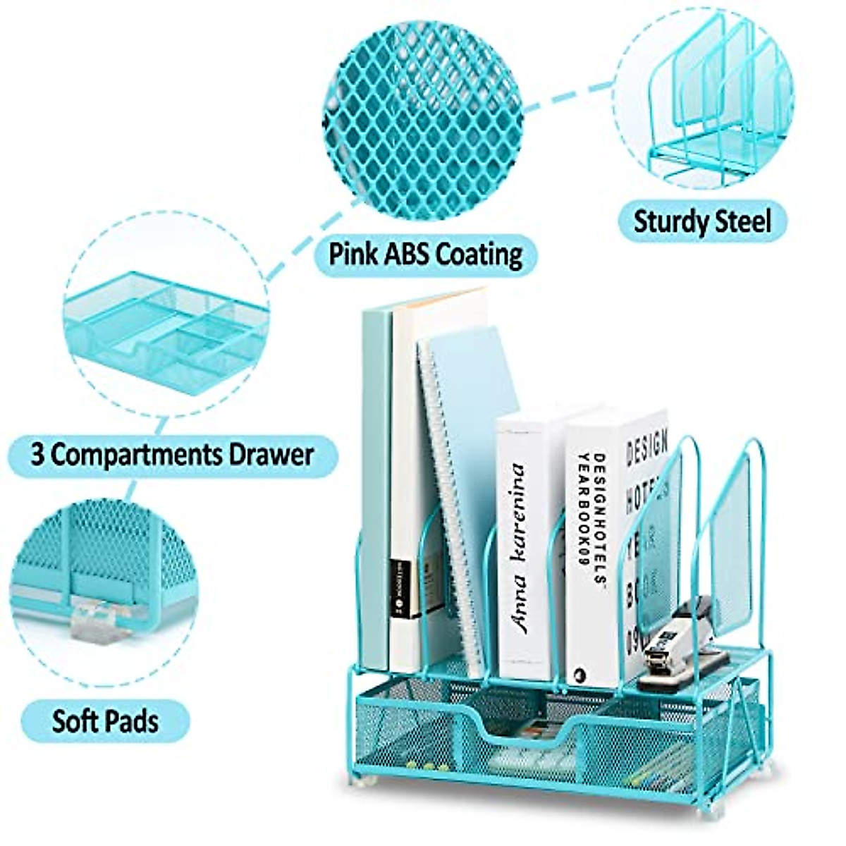 Beiz Blue Desk Organizer and Accessories Storage with 5 Vertical File Folder Holders, Paper Tray, Drawer for Women Office, Home, Dorm, Workspace to Collect Office Supplies