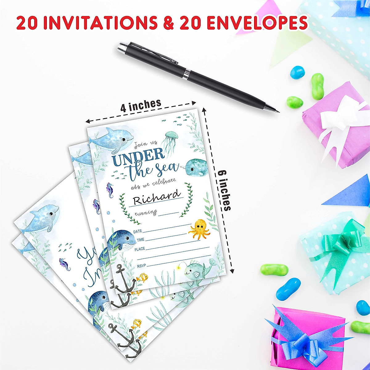 AWSICE Under The Sea Birthday Invitations, Ocean Animals Double-Sided Fill-In Invite Cards For Birthday Party, 20 Invitations With Envelopes, Decorations,Party Favor And Supply-A16