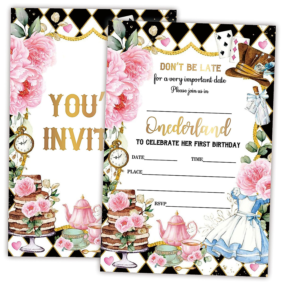 AWSICE Floral Tea Party First Birthday Invitations, Onederland Fill-In Invite Cards For Birthday Party, 20 Invitations With Envelopes, Decorations,Party Favor And Supply-A26