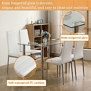 HomVent Dining Table Set for 4, Small Tempered Glass Dining Room Table Set, Kitchen Table and Chairs for Small Spaces, Transparent,White Modern 110cm, Stainless Steel PU Leather