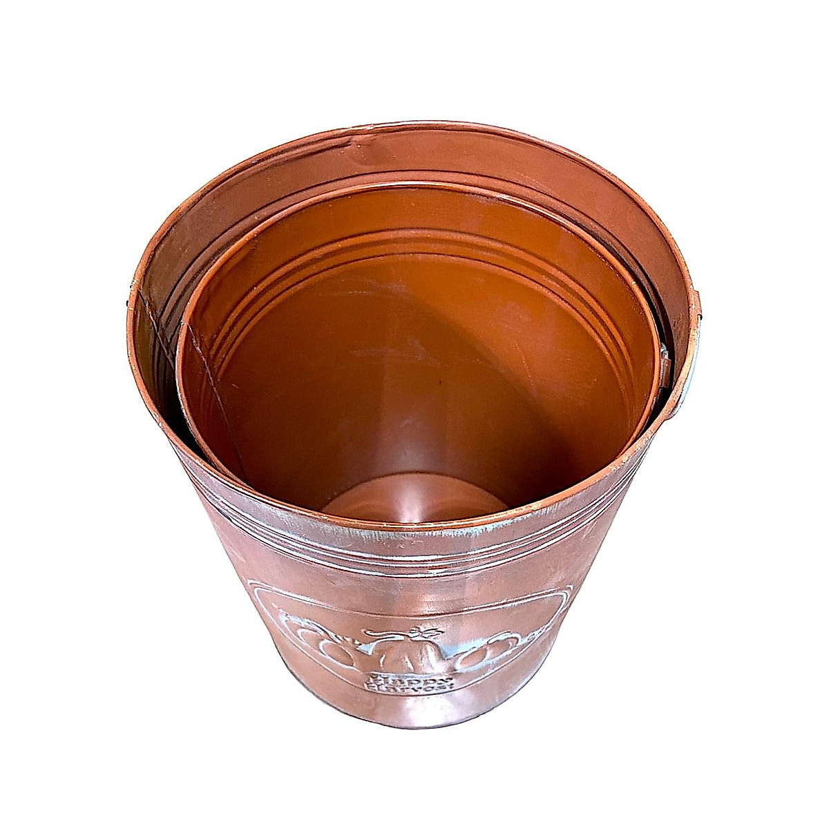 DNS Happy Harvest Buckets Large Metal Galvanized Burnt Orange Pumpkin Theme Containers Thanksgiving Fall Decorative Organizer (Set of 2) 9.2" & 8.8"