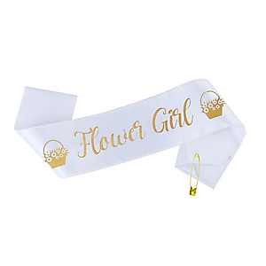 Flower Girl Sash - Cute White & Gold Girls sash for Wedding | Fits ages 1 to 10 years old | Bridal Shower Party Proposal Bridesmaids Set Decorations Supplies Favors Gifts Accessories Gift Favor Decor