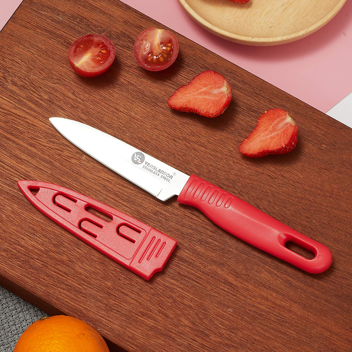 VSL VANSLENSON 4 Pieces Kitchen Knife Set Stainless Steel Blade, Paring knife for Fruit and Vegetable with Matching Covers Colorful Combo Lovely Pink Color Gift Set (2)