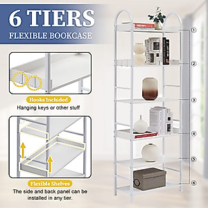CITYLIGHT 6-Tier Open Bookshelf, 70.8" Tall Wood Storage Bookshelf with Metal Frame, Freestanding Display Rack Tall Shelving with Round Top Frame and Adjustable Foot Pads (White)