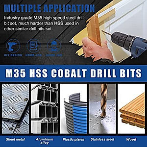 COMOWARE Cobalt Drill Bit Set- 15Pcs M35 High Speed Steel Twist Jobber Length for Hardened Metal, Stainless Steel, Cast Iron and Wood Plastic with Indexed Storage Case, 1/16"-3/8"