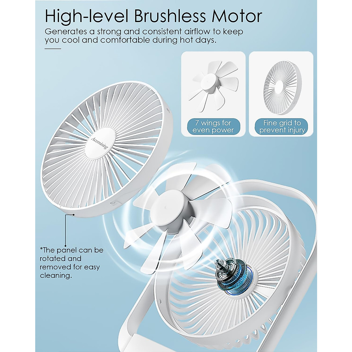 AceMining Fan, Silent Fans & Cooling, Rechargeable Fans, Desk Fan with 4 Speed, USB Fan with Night Light, 330° Rotation Electric Fan, Small Table Fan for Bedroom Office Bedside