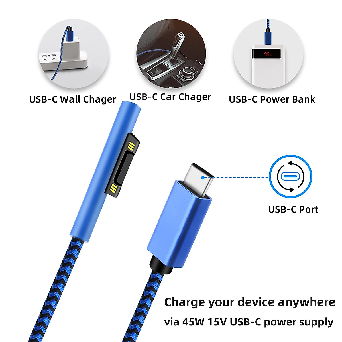 Sisyphy Nylon Braided Surface Connect to USB-C Charging Cable (6ft Blue), Requires 45W 15V/3A USB-C Charger PD Power Supply, Compatible with Microsoft Surface Pro7/6/5/4/3 Go 3/2/1 Laptop