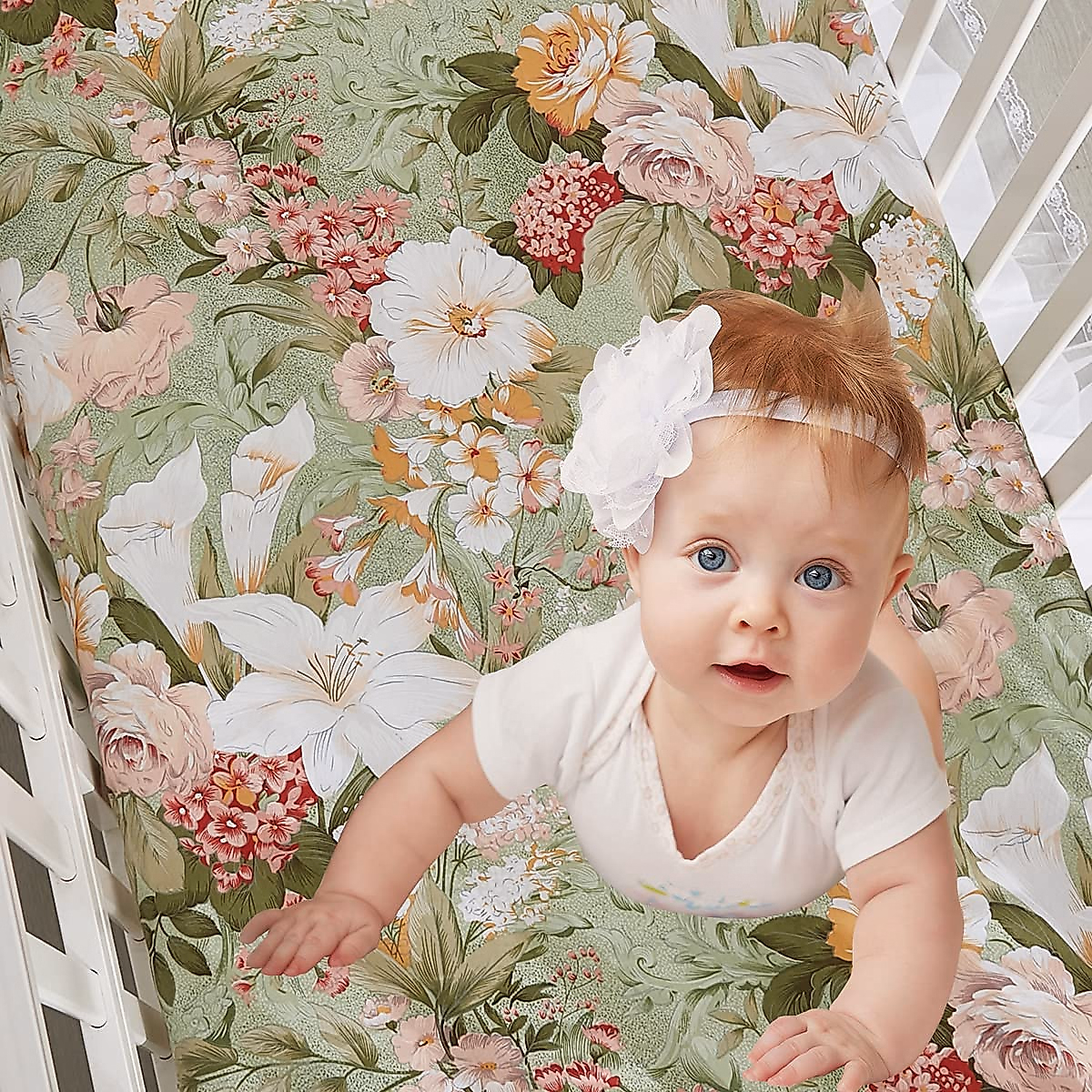 Brandream Crib Bedding Sets for Girls Garden Floral Nursery Set 3-Piece | Ruffled Baby Comforter, Crib Sheet and Tulle Lace Crib Bed Skirt, Green White