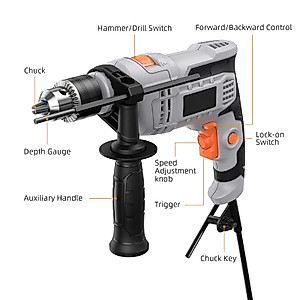 850W Electric Impact Drill, 7-Amp Hammer Drill, 1/2-Inch Electric Hammer Drill with 3000RPM, Variable Speed, 10 Drill Bits, for Concrete Floors, Walls, Bricks, Stone