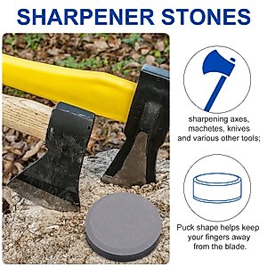 Axe Sharpener Sharpening Dual Grit Multipurpose Sharpener Puck Tool Sharpener Stone Whetstone with Flannel Bag for Hatchet Garden Tools, 240 Grits and 400 Grits(3 Pieces)