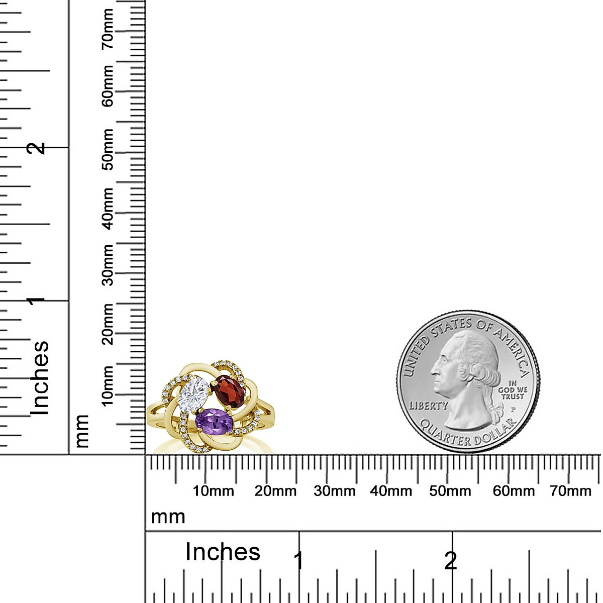 Gem Stone King 18K Yellow Gold Plated Silver Promise Customized and Personalized 3 Gemstone Birthstone For Her Engagement Flower Blossom Name Engraved Ring For Women (Size 5)