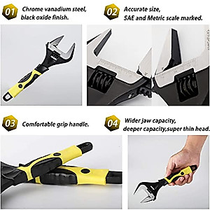 GETUPOWER 10-Inch Adjustable Wrench, Black Oxide Finish, Wide Opening Ultra-thin Plumbing Wrench, Drop Forged Cr-V, SAE and Metric Scale Marked Pipe forceps