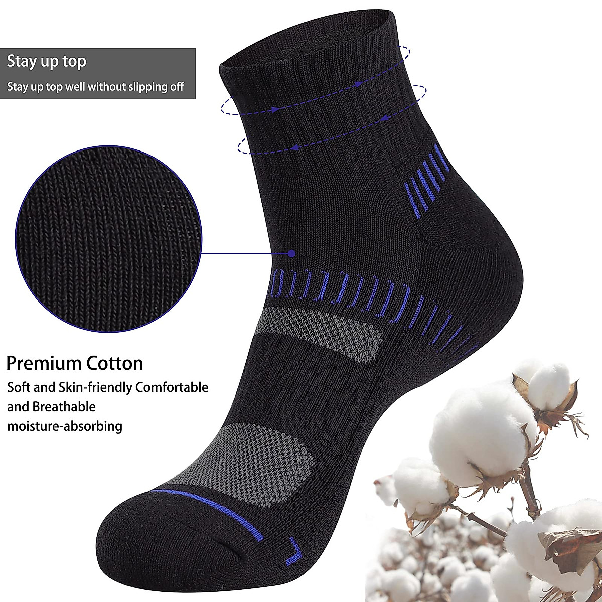 COOPLUS Men's Cotton Athletic Ankle Socks Performance Cushioned Quarter Moisture Wicking Sock - 6 Pairs