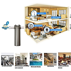 INTBUYING Heavy Duty Water Filter Shell Housing Whole House Water Purification of 304 Stainless Steel-10inch Filter 3/4inch NPT Inlet and Outlet with Bracket and Wrench Pin