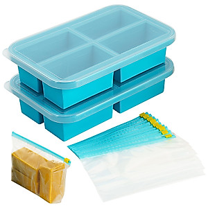 NICITY 1-Cup Soup Cubes Freezer Tray with Lid，Large Silicone Soup Freezer Molds for Storing and Freezing Soup Sauce Broth Ice Leftovers(2Packs+10Pcs Reusable Storage Bags)