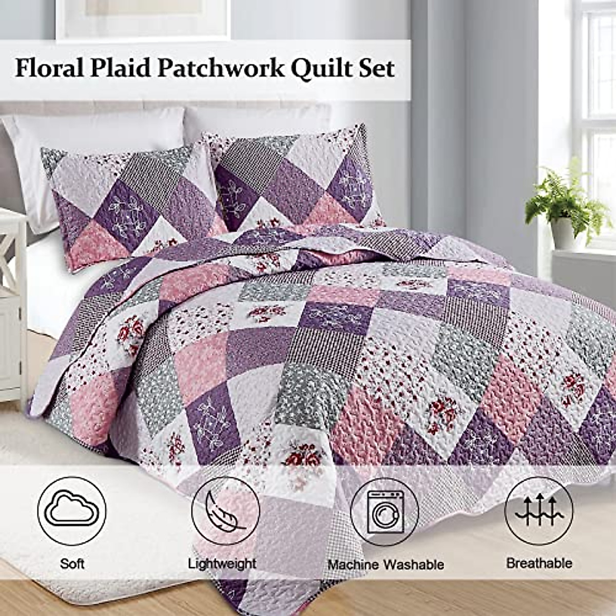 Dinjoy Purple Quilt Set Queen Size, Reversible Floral Plaid Patchwork Pattern Bedding Set Soft Microfiber Lightweight Bedspread Coverlet 3 Piece Spring Summer Use (90x90 inches)
