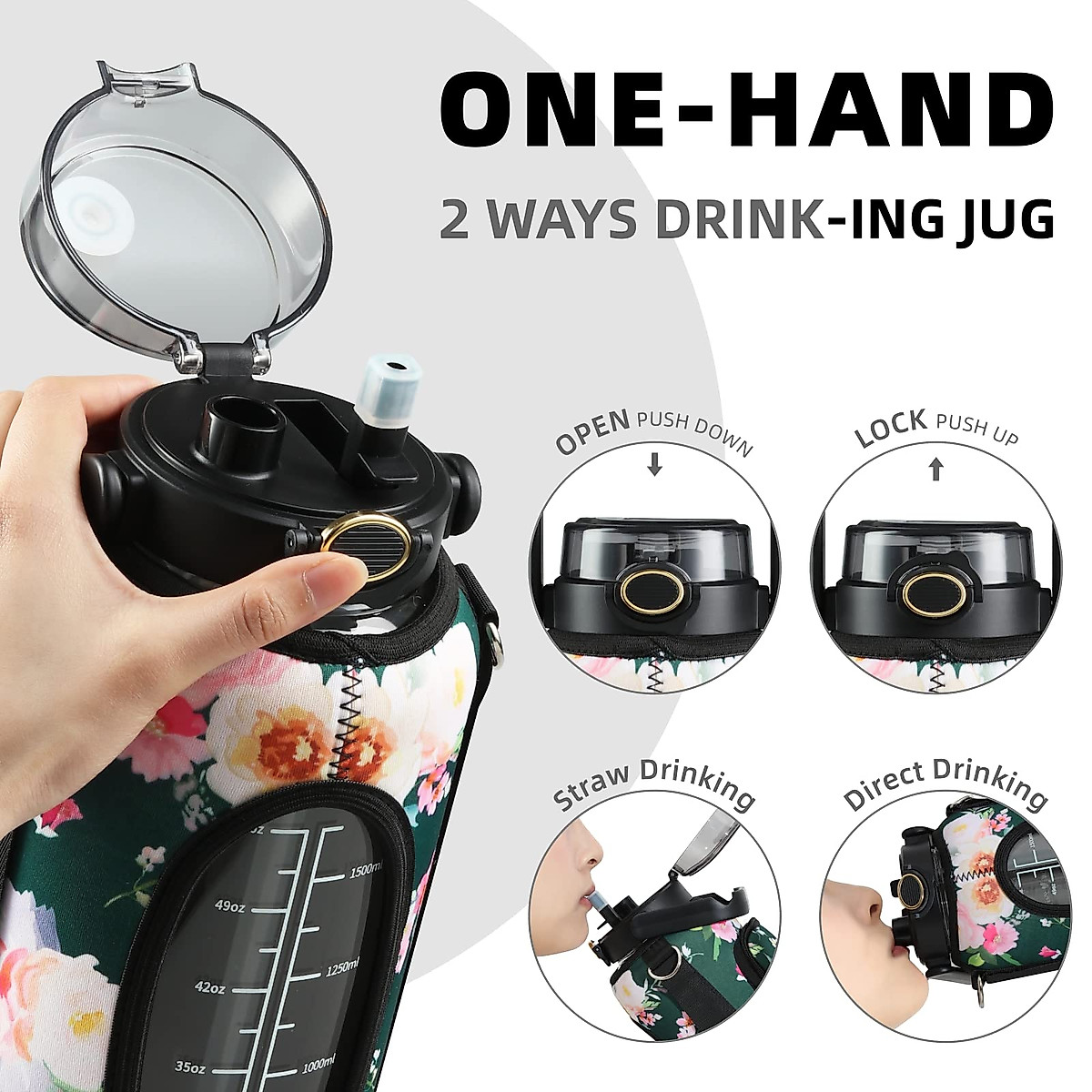 chunmo Half Gallon 64oz Glass Water Bottle with Straw and Storage Sleeve Motivational Water Bottle with Strap and Time to Drink 2L Leakproof Reusable Water Jug for Fitness Gym and Outdoors