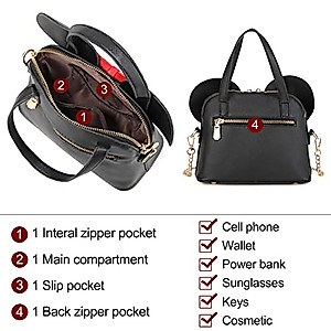Cutie Dome Purse Mouse Ears Bow Crossbody Shoulder Handbag Small Zip-Around Satchel Bag for Girls Tween Women
