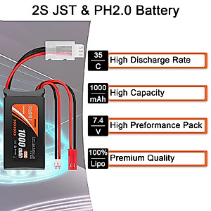 FancyWhoop 7.4V Lipo Battery 2S 1000mAh: 35C Battery with PH2.0 & JST Plug A xial SCX24 Lithium Batteries 2 Pack Rechargeable Batteries for WL Toys RC Car Most 1/10 1/16 1/18 1/24 Scale Racing Trucks