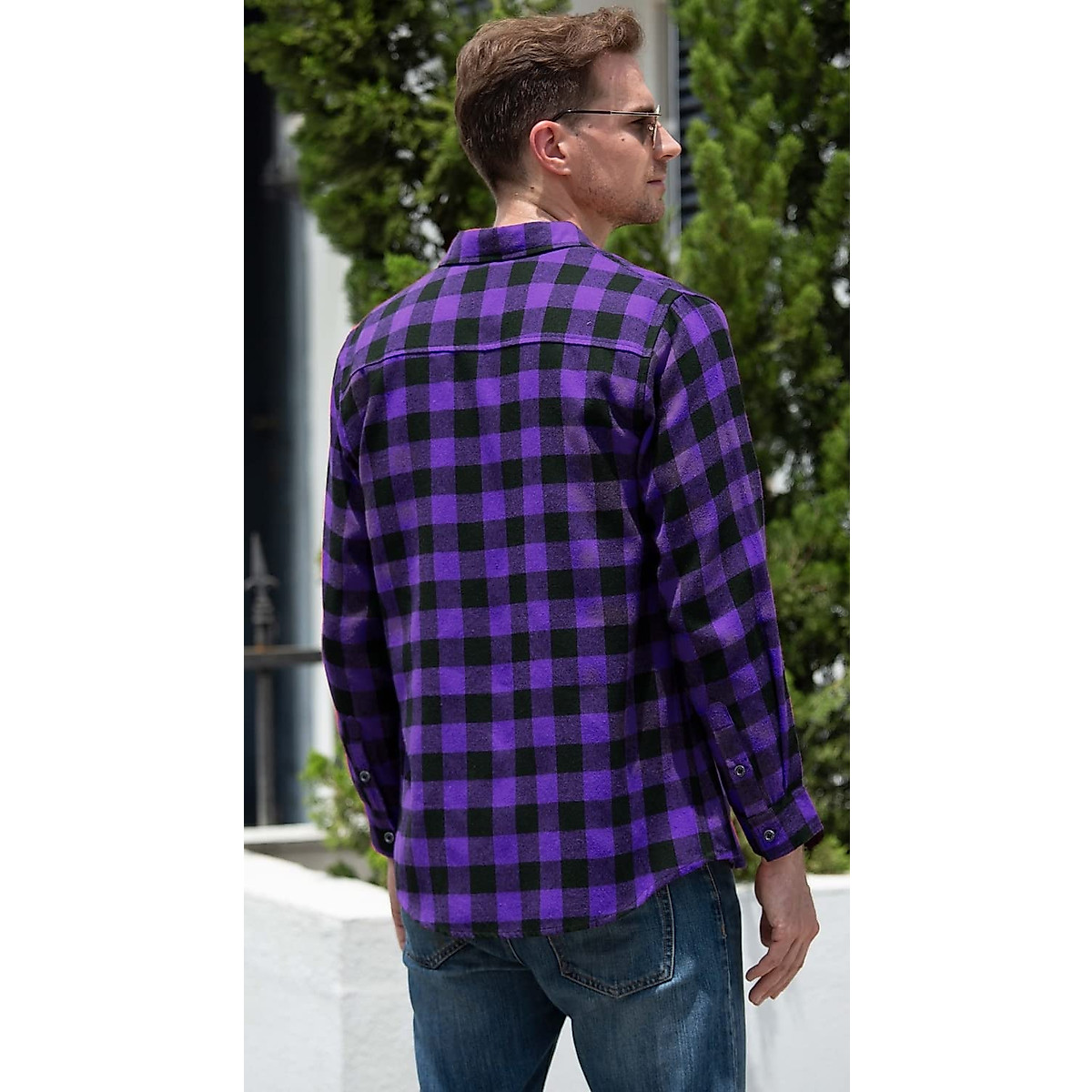 Cromoncent Men's Casual Plaid Flannel Long Sleeve Button Down Shirt,Purple Black,Medium