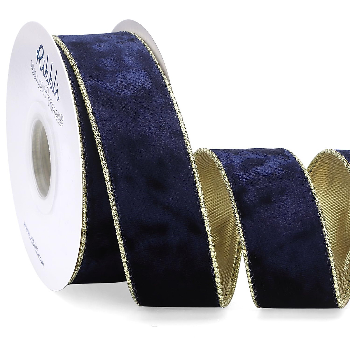 Ribbli Navy Velvet Wired Ribbon 1.5 Inch Metallic Navy Blue Gold Crushed Velvet Christmas Ribbon for Gift Wrapping Christmas Tree Decoration Crafts Wreaths Supplies-Continuous 10 Yards