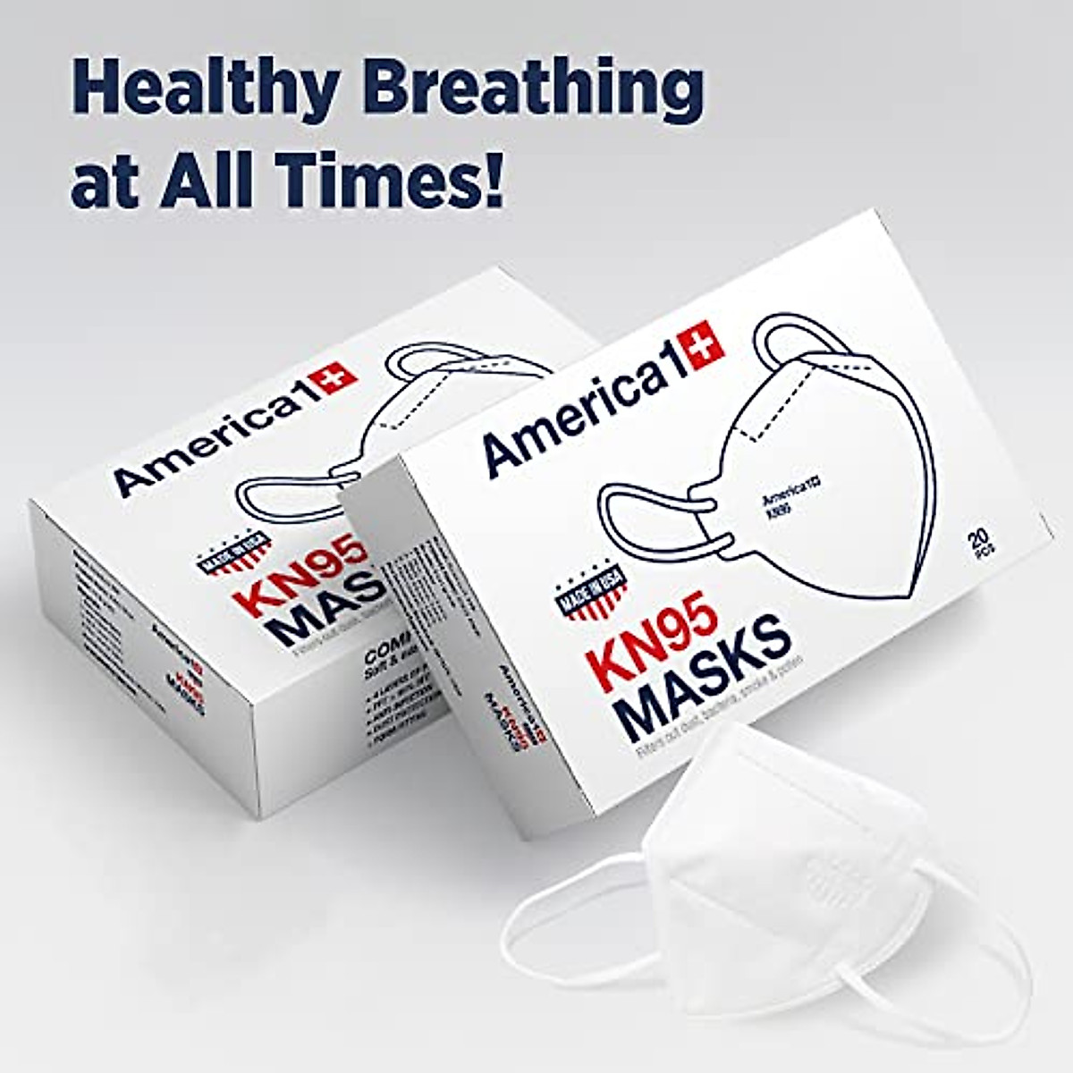 America1 KN95 Face Masks | Made in USA | Breathable Face Masks with 4-Layer Protection | Face Masks for Men and Women | Disposable Face Masks for Work, Home, and Outdoor | 20 Count White Face Masks