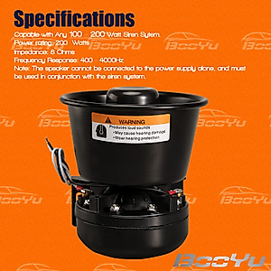 BooYu 200 Watt High-Performance PA Siren Horn Speaker [Black Steel] [8 Ohms] [125-135 dB] [IP66 Waterproof] [Compatible with 100-200 Watt Siren] for Police Car, Ambulance, Fire, Engineer Vehicles