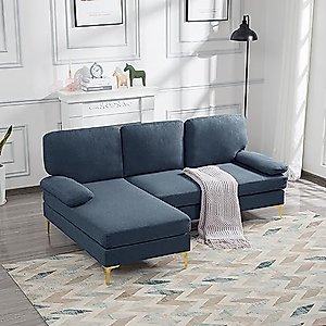 POCIYIHOME 79.5" Left Hand Facing Sectional Sofa Couch with 2 Detachable Armrest Pillows, Modern Fabric 3-Seater L Shape Chaise with Metal Legs for Living Room,Apartment,Office, Polyester, Navy Blue