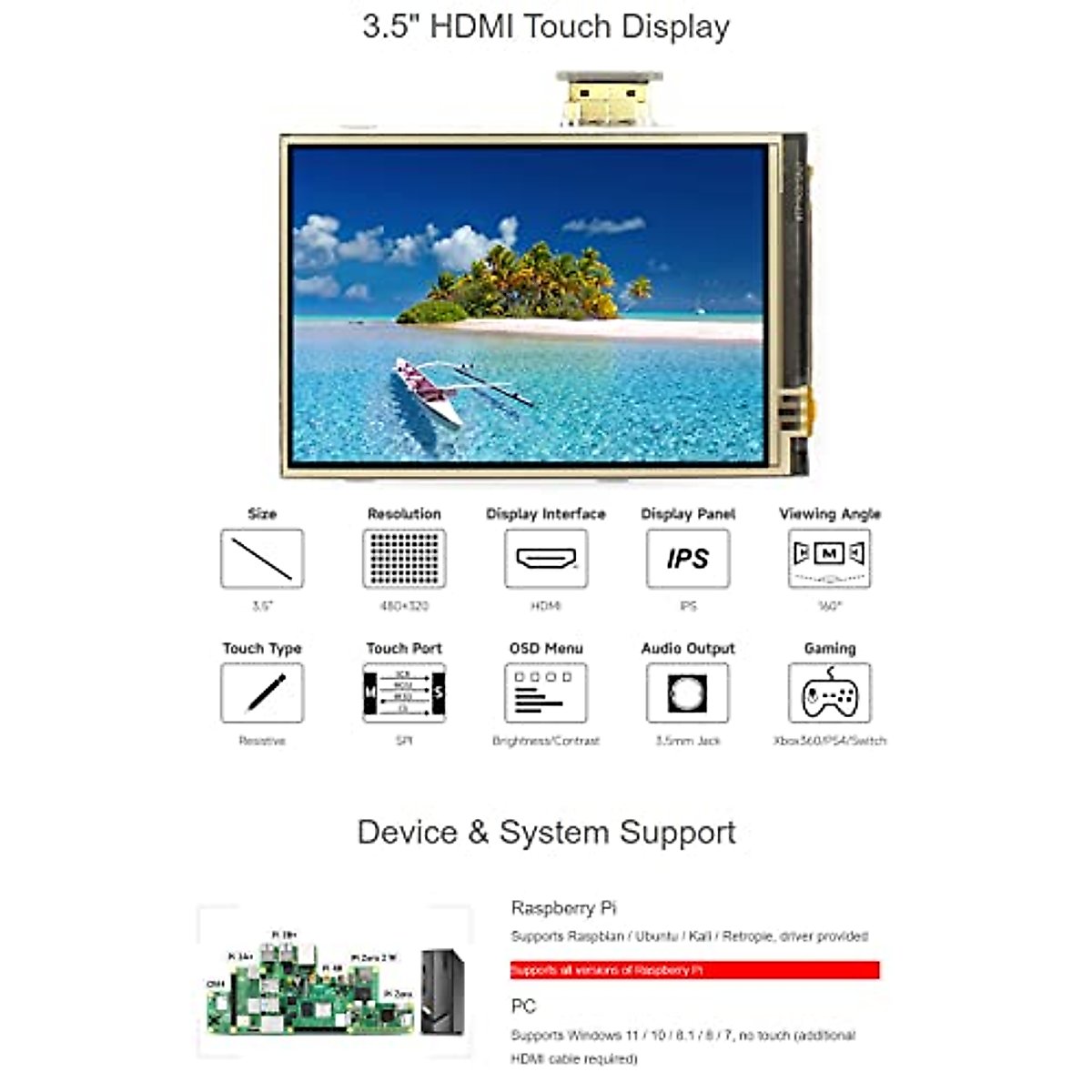 Waveshare Resistive Touch Screen IPS HDMI LCD in 3.5inch Compatible with Raspberry Pi 4B/3B+/3B etc. Series Boards Supports PC
