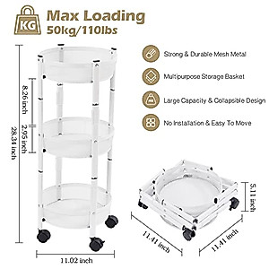 APEXCHASER 3-Tier Metal Storage Rolling Cart, Collapsible Utility Cart, No Assemble, Multifunction Serving Organizer Trolley with Lockable Wheels for Kitchen, Living Room, Bathroom,White